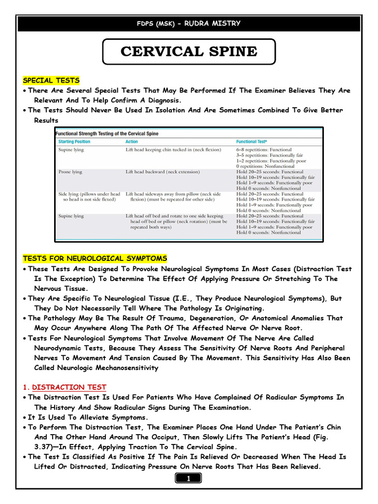 Special Tests For Cervical Spine | PDF | Human Anatomy | Diseases And ...