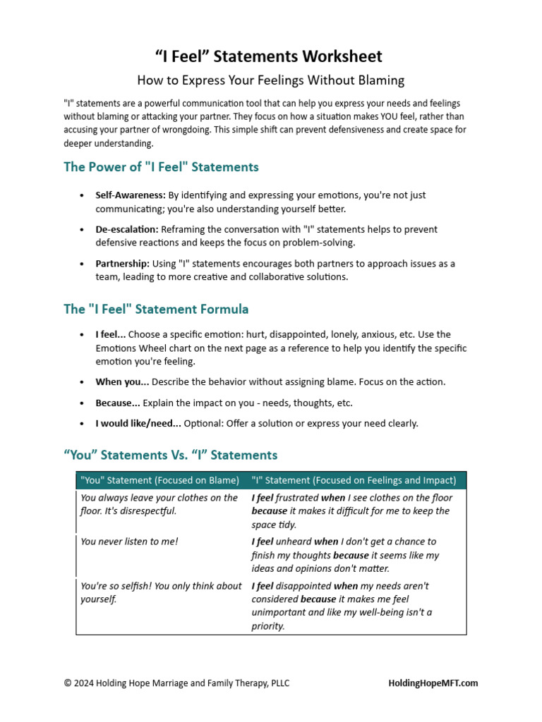 I Feel Statements Worksheet | PDF | Emotions | Feeling
