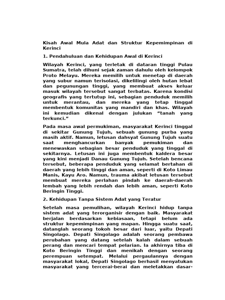 Kisah Awal Mula Adat Dan Struktur Kepemimpinan Di Kerinci | PDF