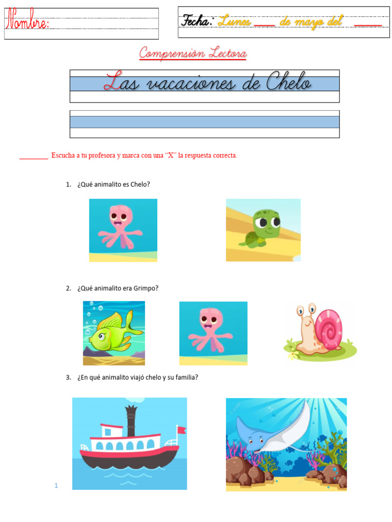 Hoja de Aplicación - Comprensión Lectora - Las Vacaciones de Chelo | PDF