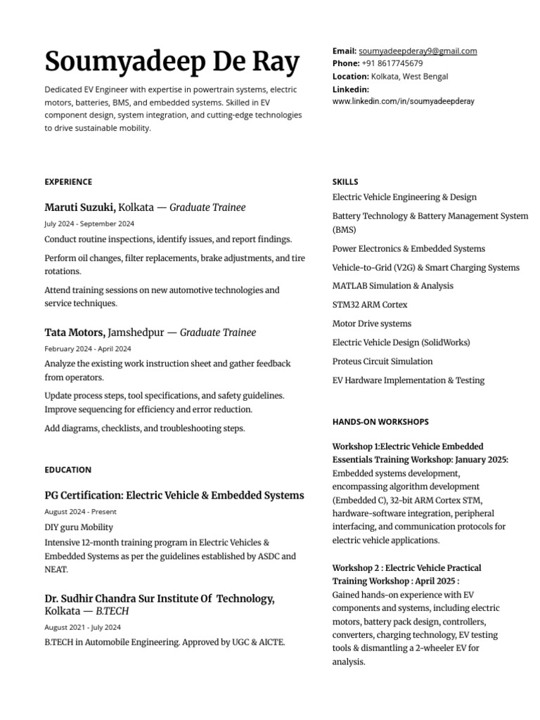 Soumyadeep De Ray Resume | PDF | Embedded System | Electric Vehicle