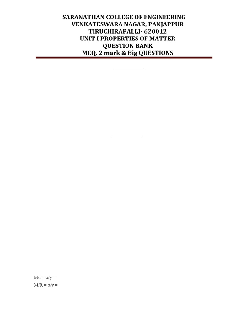 MCQ Unit I Properties of Matter | PDF | Bending | Stress (Mechanics)