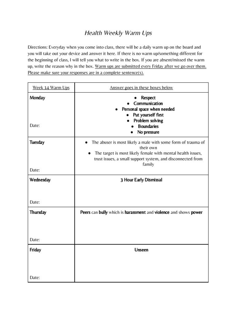 Weekly Health Class Warm Ups | PDF