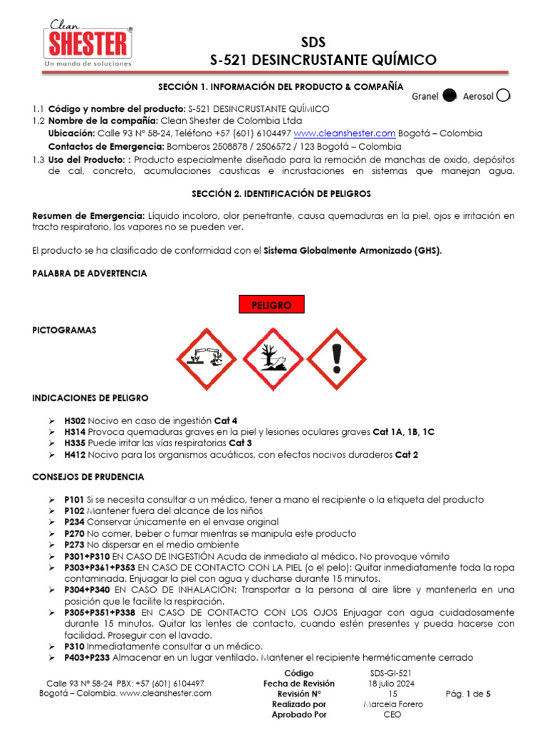 FDS Desincrustante Químico SDS - 521 | PDF | Quemar | Residuos