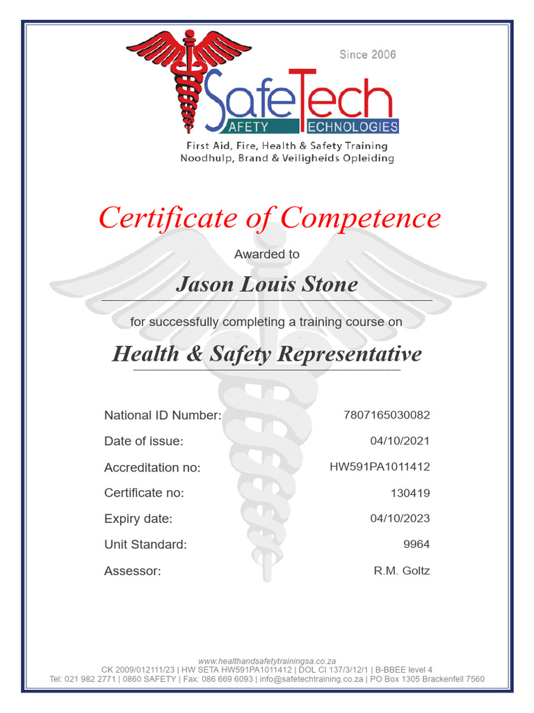 Jason Stone SHE Certificate | PDF