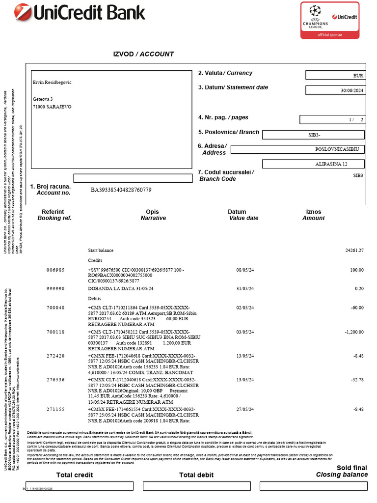 UniCredit Bank Account Statement EUR | PDF | Debit Card | Banks