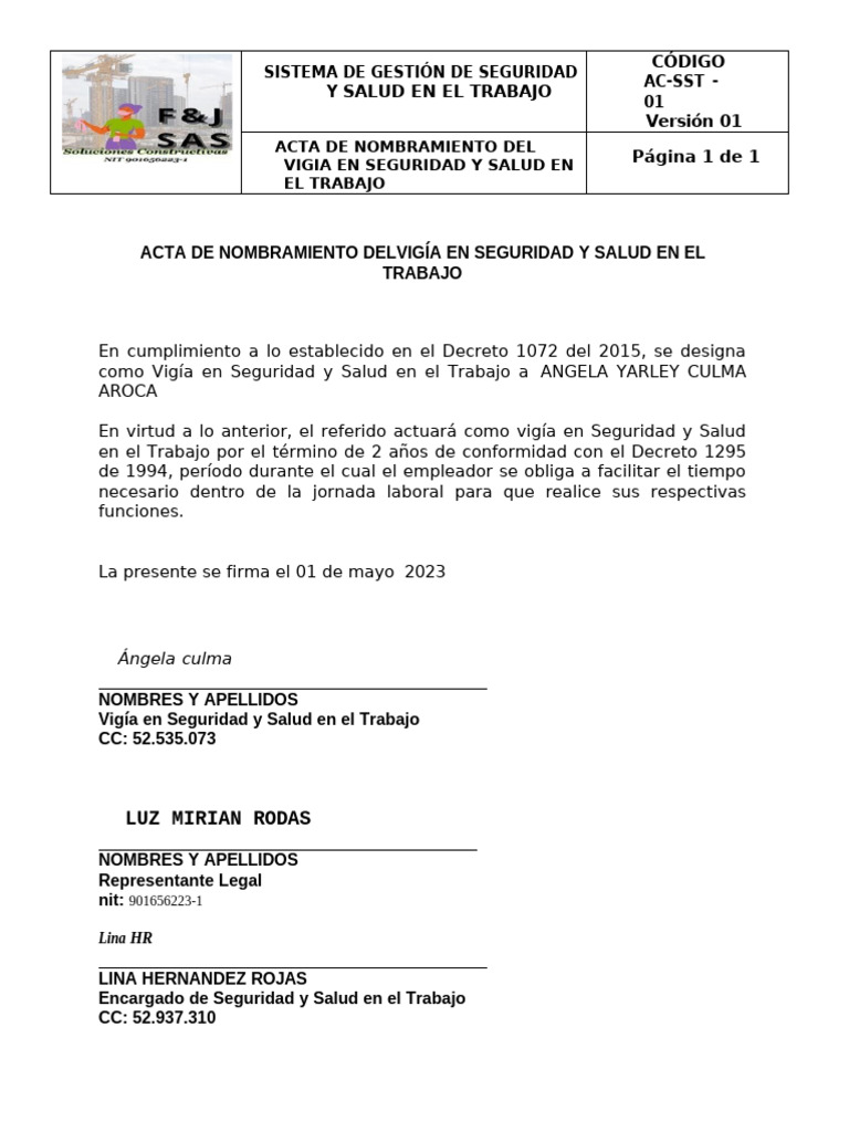 Acta de Nombramiento Del Vigía SG-SST | PDF