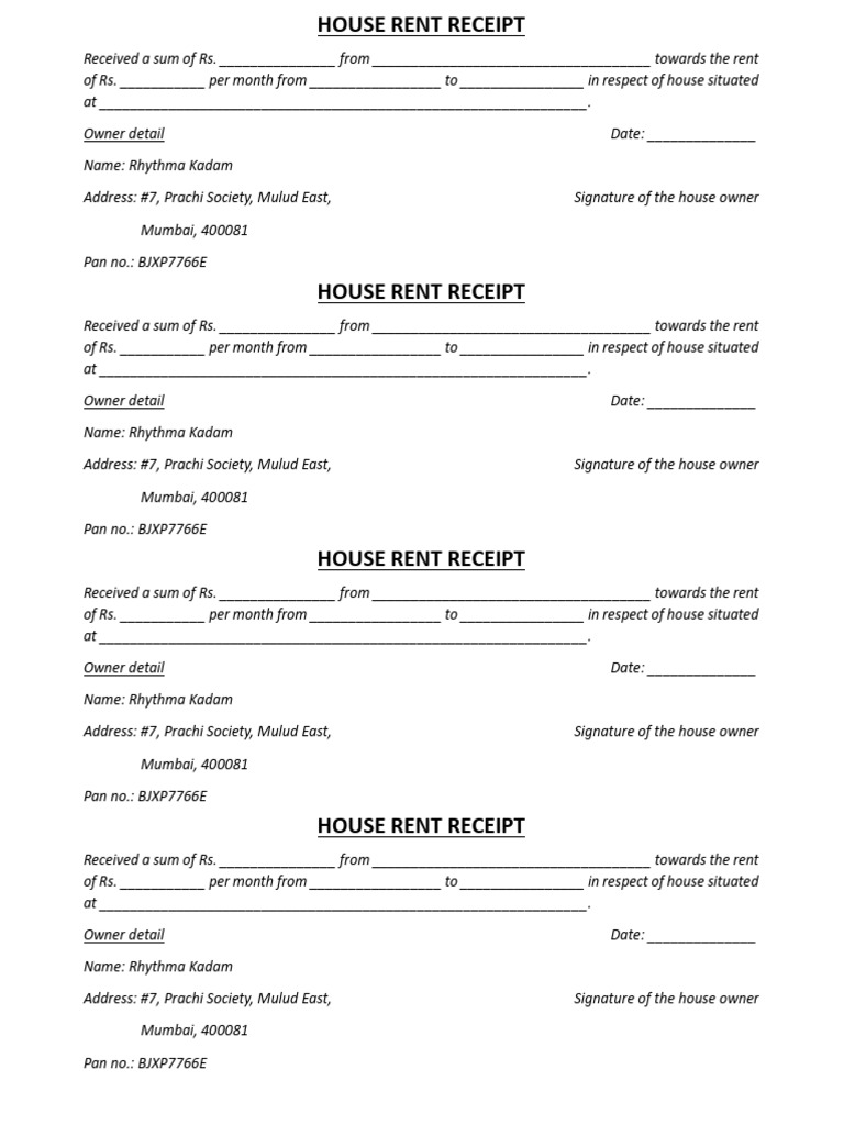 Monthly House Rent Receipt Template | PDF