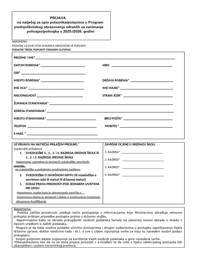 Obrazac Prijave Prekvalifikacija 2025 | PDF