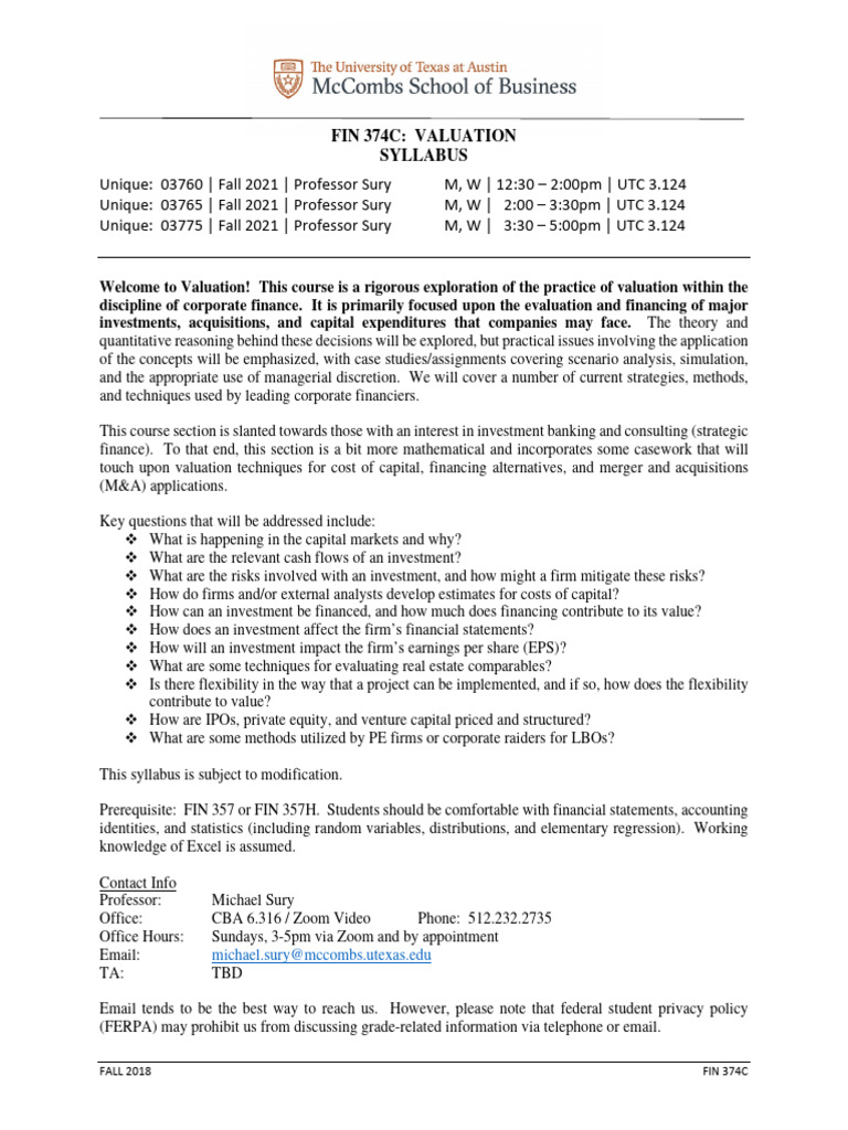 FIN 374C (Fall 2021) Sury (03775) | PDF | Valuation (Finance) | Economies