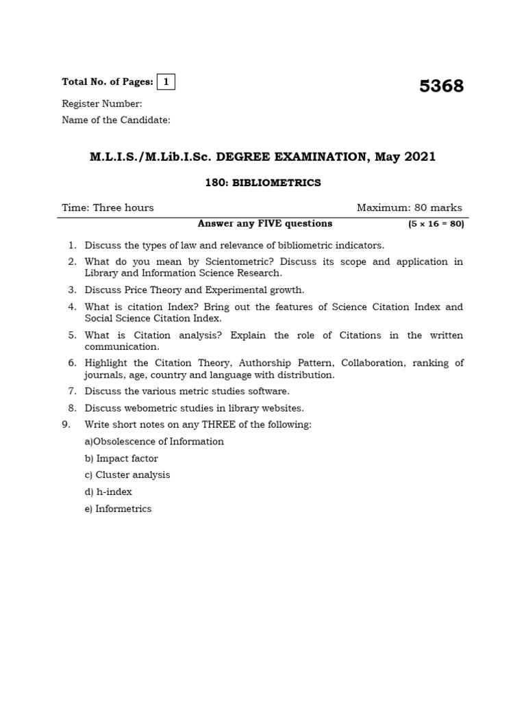 M.L.I.S./M.Lib.I.Sc. DEGREE EXAMINATION, May 2021: Time: Three Hours Maximum: 80 Marks | PDF