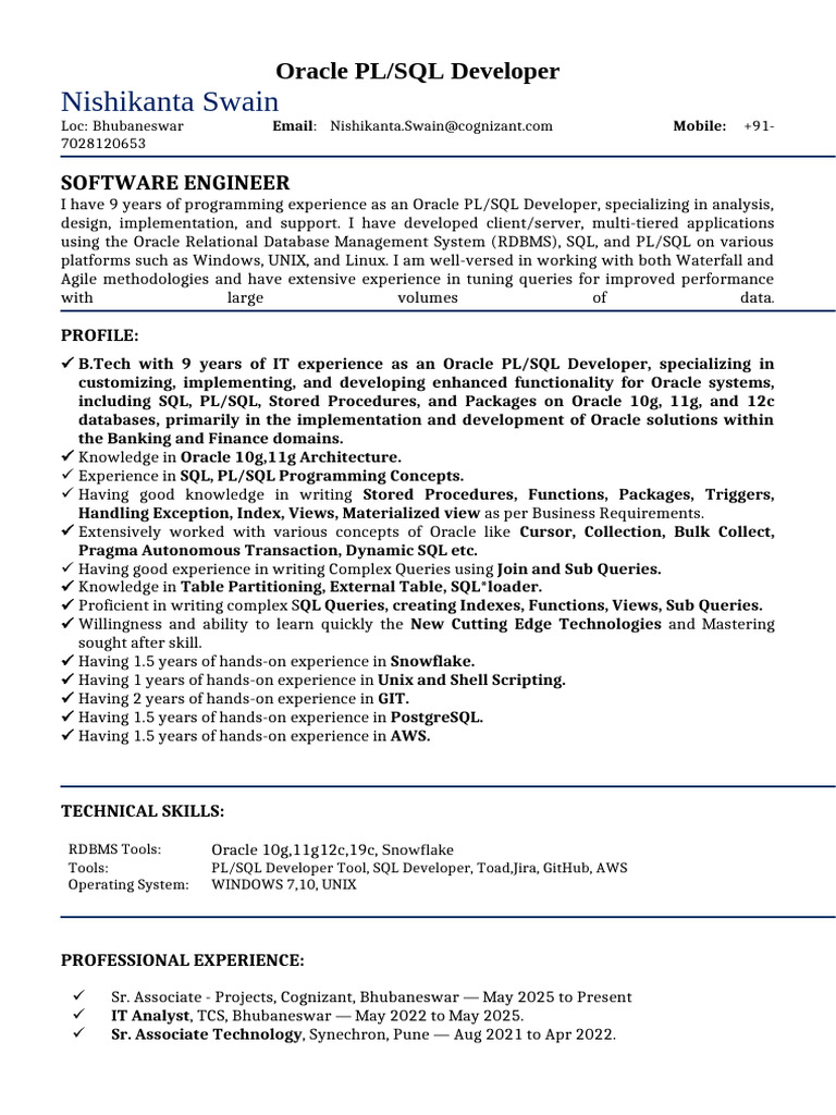 Nishikanta Swain | PDF | Pl/Sql | Sql