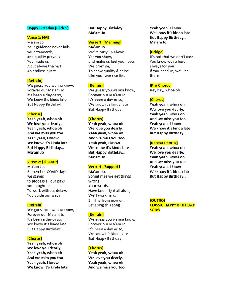 Happy Birthday (Click 5) - Final Edit v4 | PDF | Song Structure | Refrain