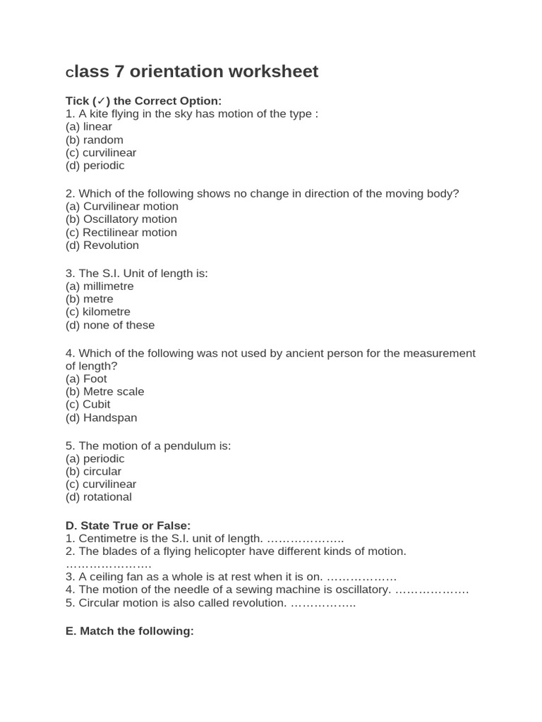 Class 7 Motion Worksheet | PDF