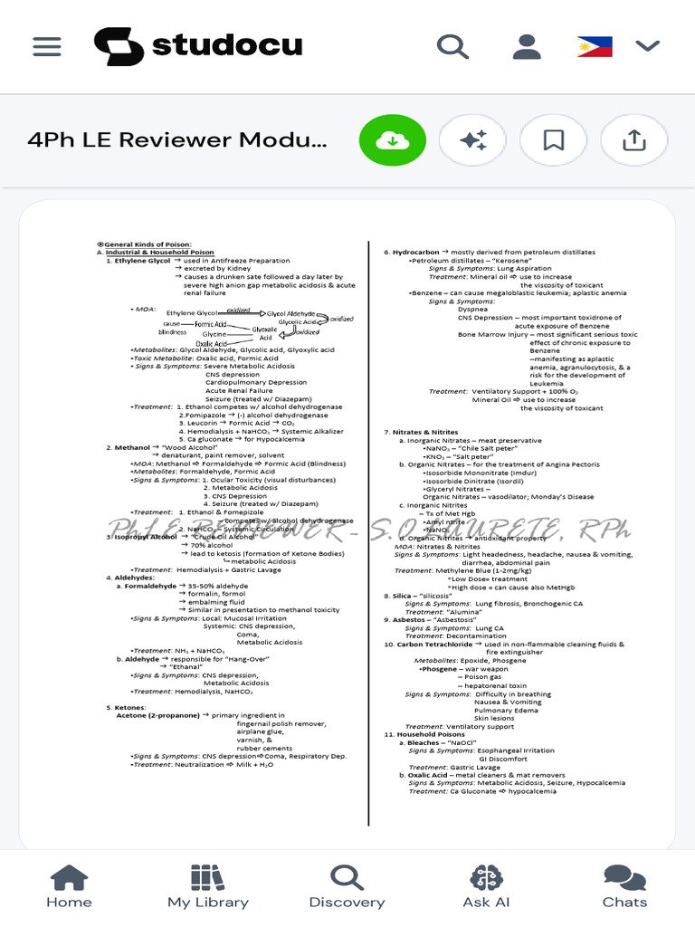 4Ph LE Reviewer Module 4 Toxicology 4 - MODULE 4 PHARMACOLOGY & PHARMACOKINETICS TOXICOLOGY ...