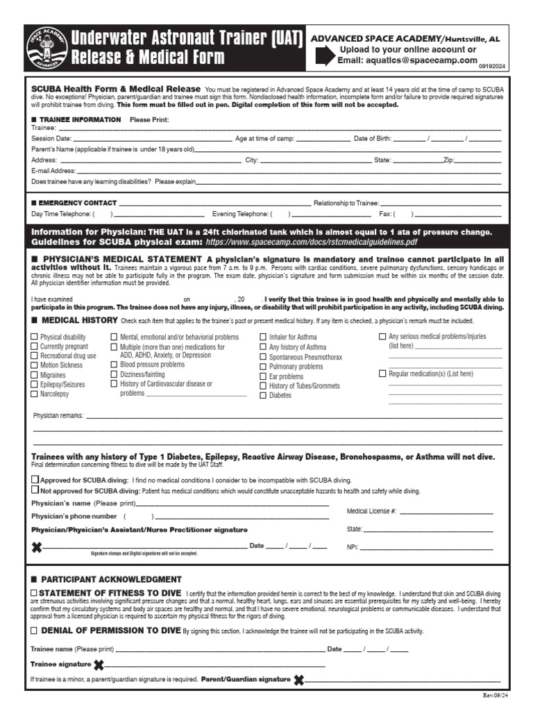 Underwater Astronaut Trainer (UAT) Release & Medical Form | PDF ...