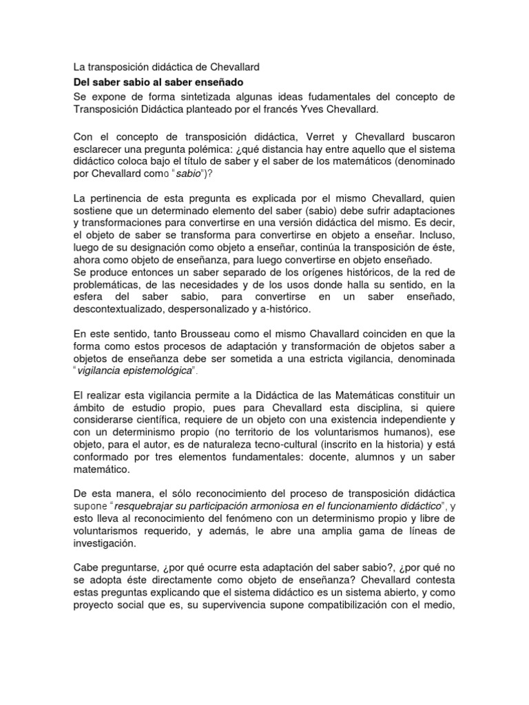 La Transposición Didáctica de Chevallard | PDF | Conocimiento | Maestros