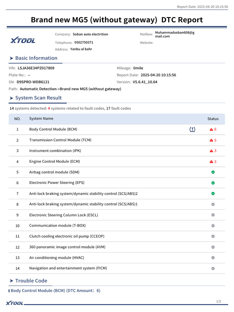 2023 - Brand New MG5 (Without Gateway) - LSJA36E34PZ017809 - Report ...