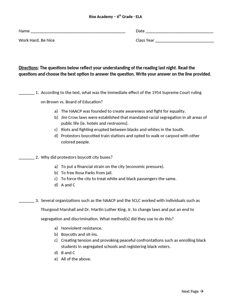 Classwork Quiz Questions - Historical Context Text - Day 1 | PDF | Social Movements ...