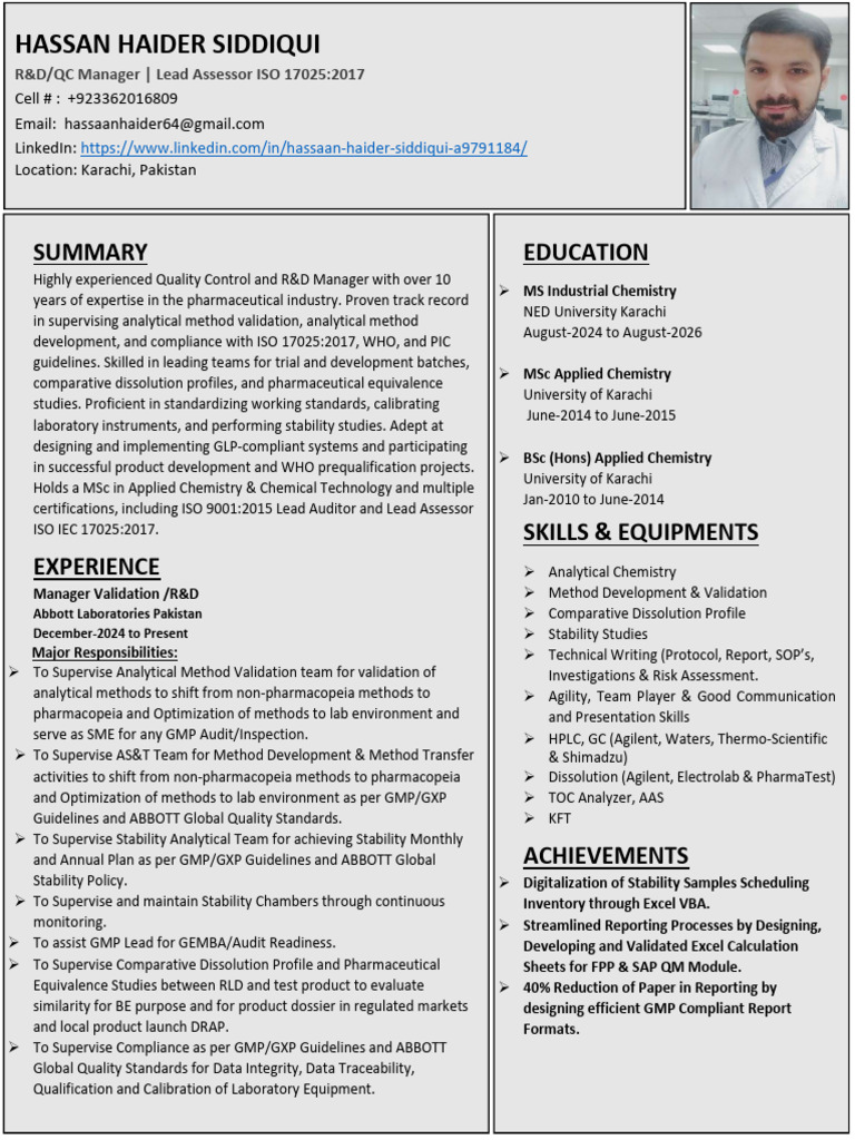 Hassan Haider Resume | PDF | Verification And Validation | Calibration