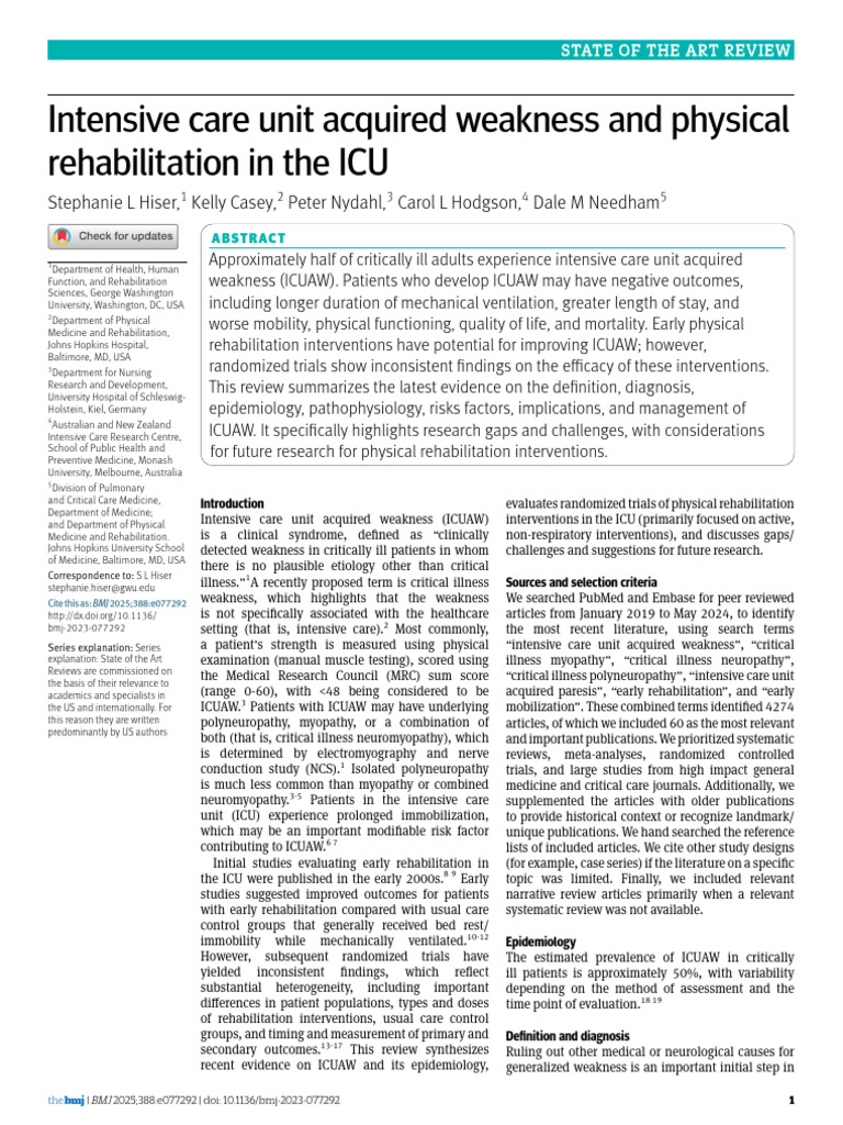 Intensive Care Unit Acquired Weakness and Physical Rehabilitation | PDF ...