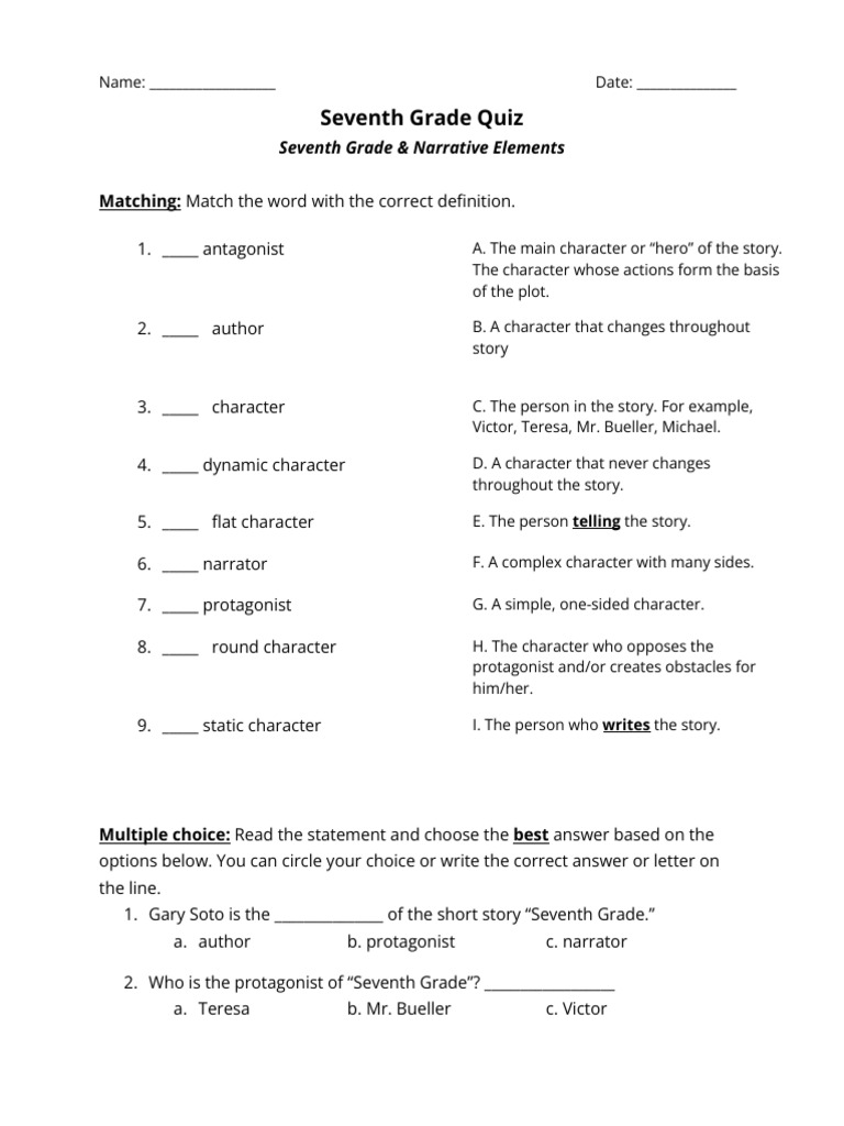 Quiz - Seventh Grade - Narrative Elements - A | PDF