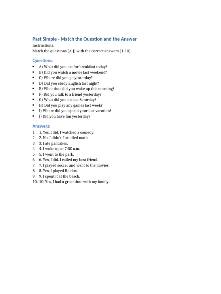 Past Simple Match | PDF