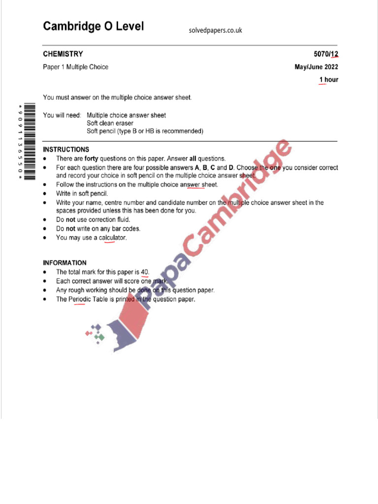 Chemistry o Level P12 June 2022 Solved | PDF