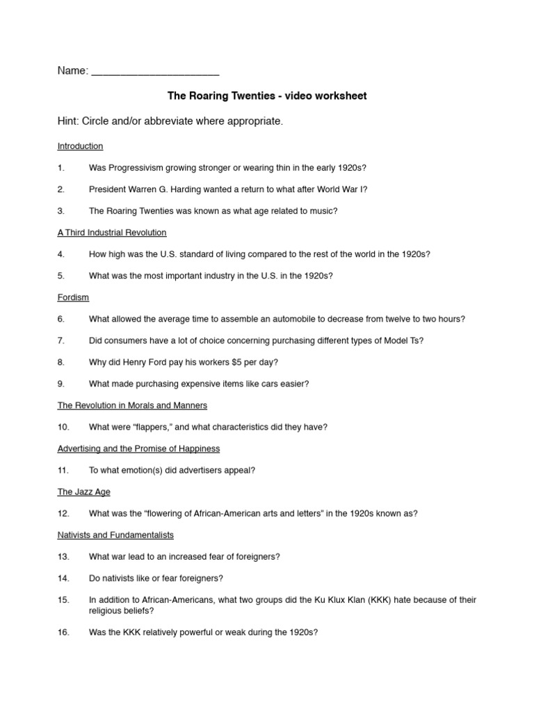 Roaring 1920s Video Worksheet | PDF | Roaring Twenties