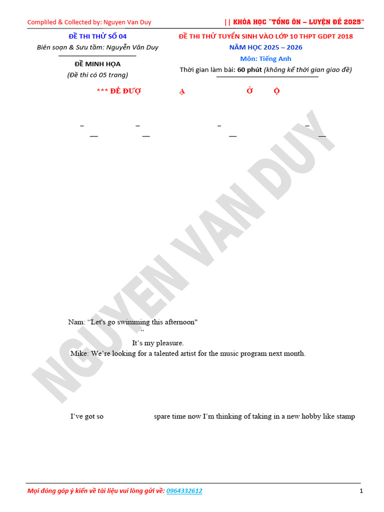 ĐỀ THI THỬ SỐ 04 - FORM HÀ NỘI nvd | PDF