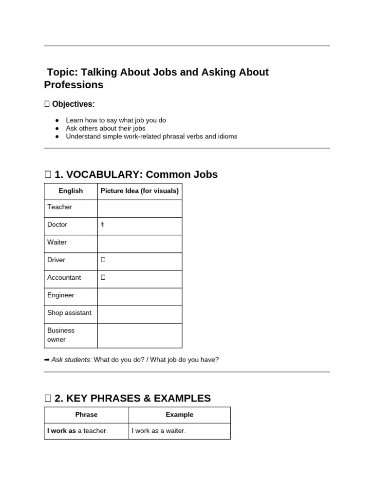 Topic - Talking About Jobs and Asking About Professions | PDF