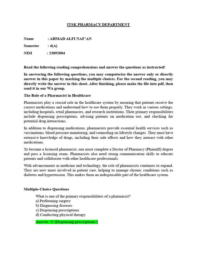 Ahmad Alfi N - 23092004 - English | PDF | Pharmacy | Pharmacist