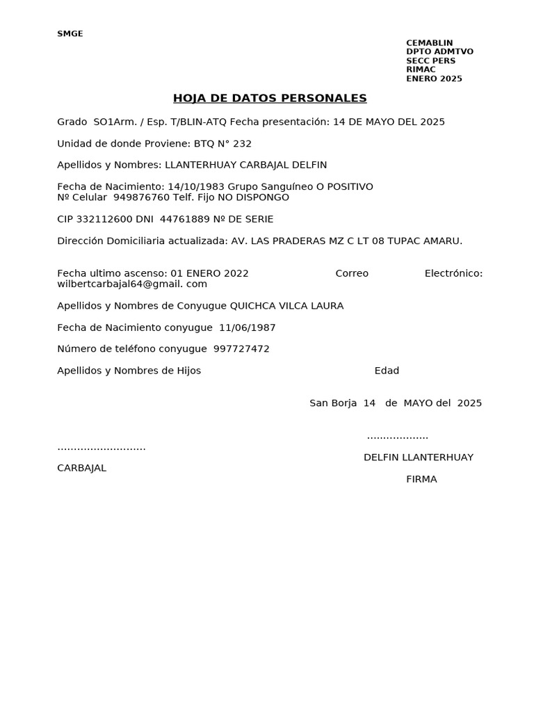 Hoja de Datos Personales | PDF