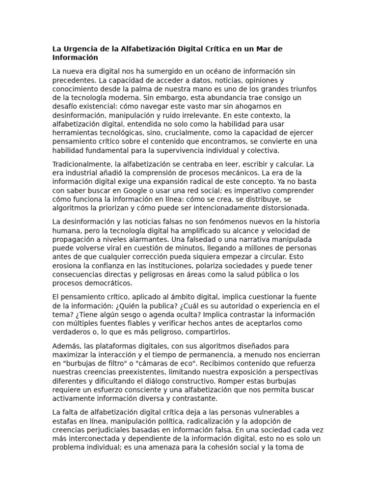 La Urgencia de La Alfabetización Digital Crítica en Un Mar de ...