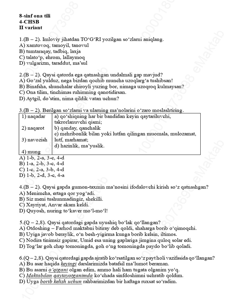 8-Sinf Ona Tili 4-CHSB 2-Variant | PDF