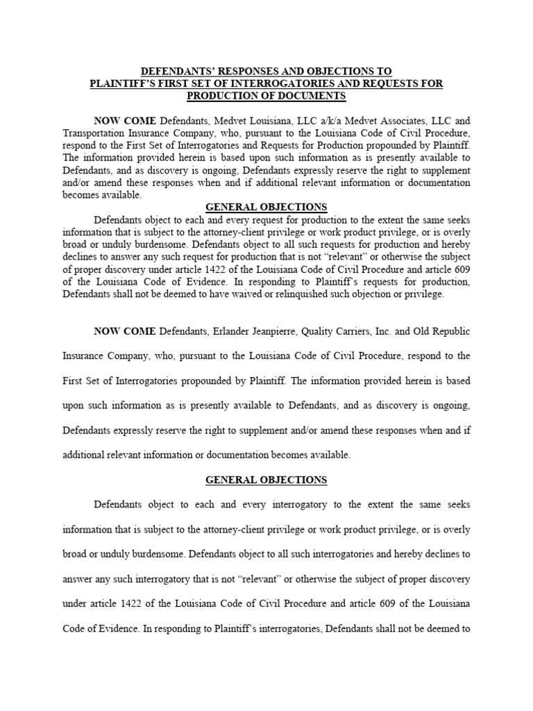 Defendants' Objections to Interrogatories | PDF | Discovery (Law ...