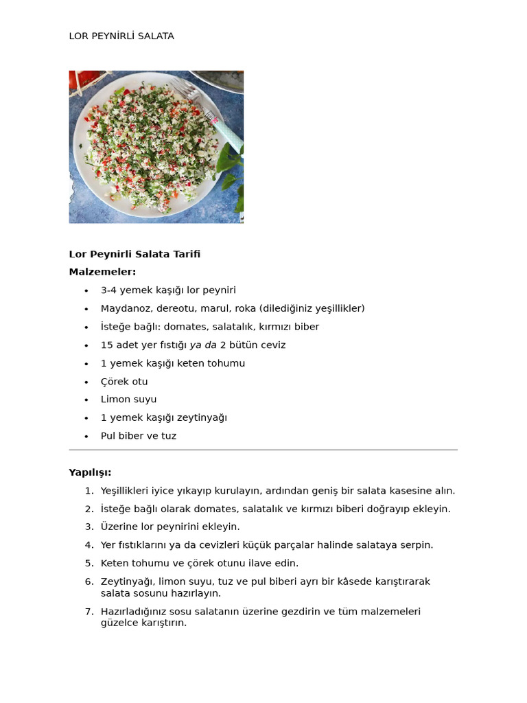Lor Peynirli Salata Tarifi | PDF