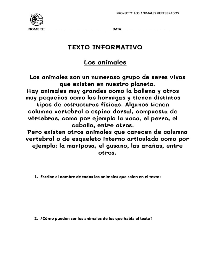 Animales Vertebrados e Invertebrados | PDF