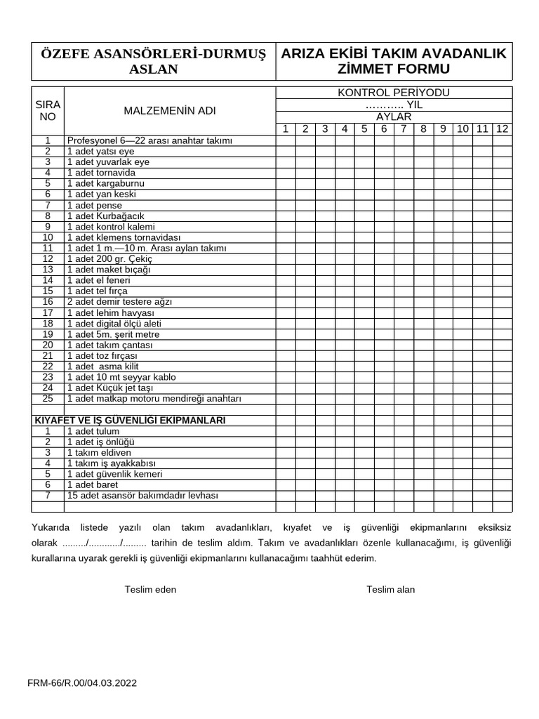 FRM-66 ARIZA EKIBI TAKIM VE AVADANLIK ZIMMET FORMU | PDF