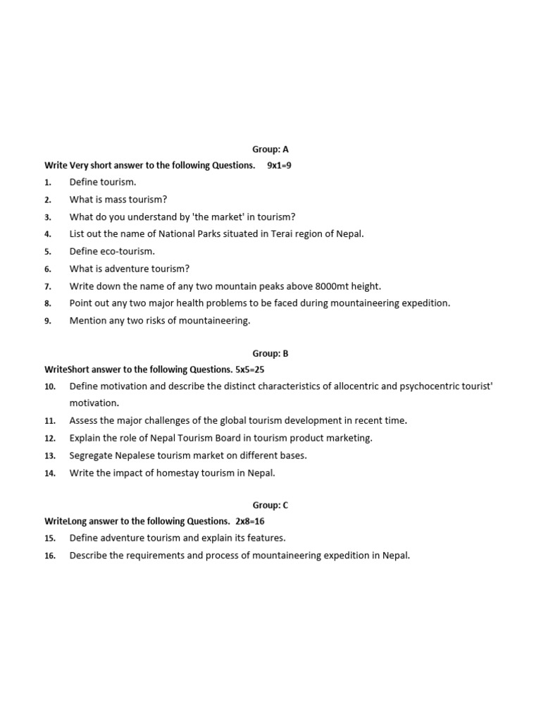Class 11 Tourism and Mountaineering Studies Model Question | PDF