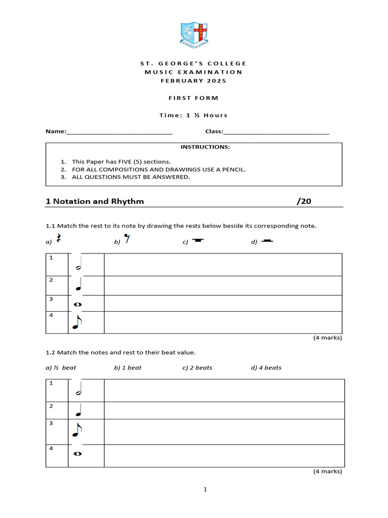 Music Exam 1st Form Feb 2025 | PDF | Harmony | Clef