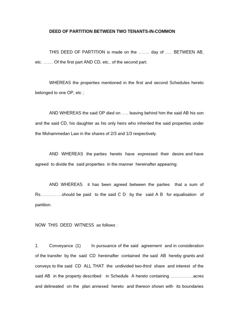 Deed of Partition Between Two Tenants-In-common | PDF | Deed | Property Law