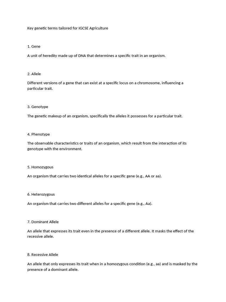 Definitions of Key Genetic Terms Tailored For IGCSE Agriculture | PDF