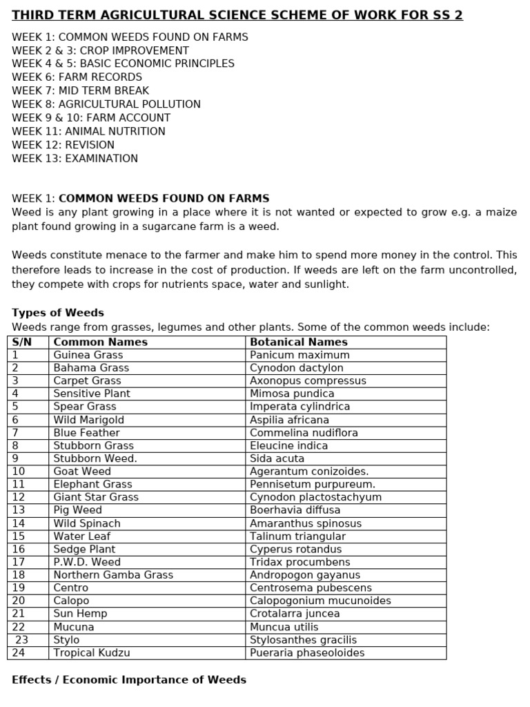 Third Term Agricultural Science Scheme of Work For SS 2. (Current ...