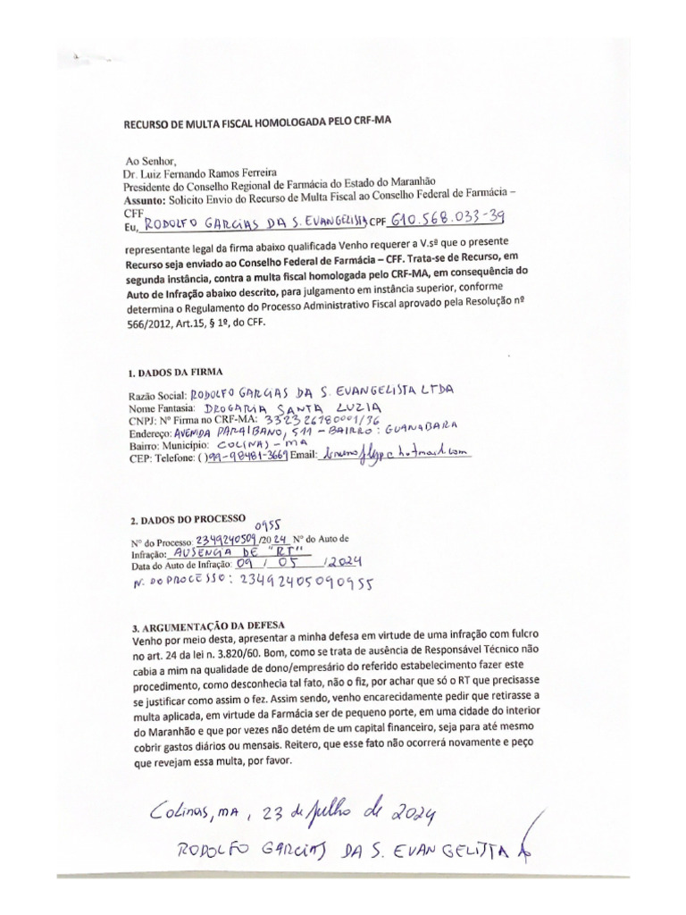 Recurso de Multa Fiscal Homologada Pelo Crf-Ma | PDF