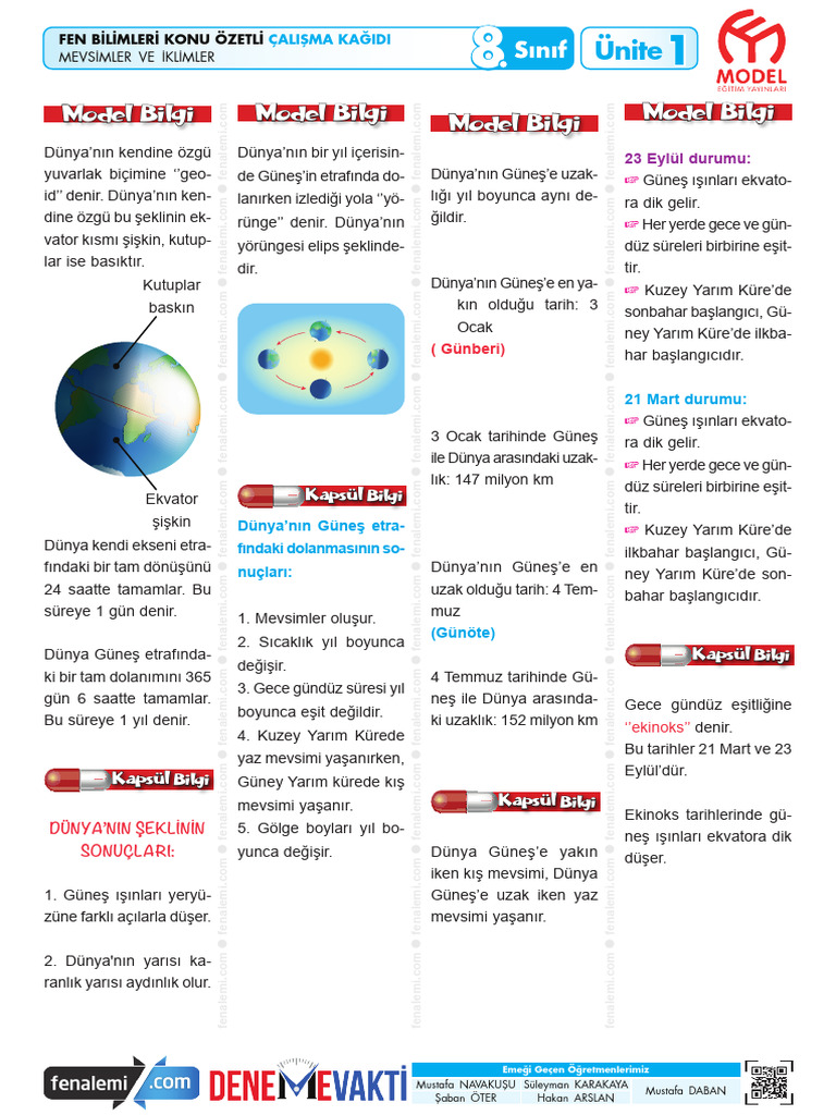 8.sinif Fen Bilimleri 1.unite Konu Ozeti Ve Calisma Kagidi | PDF