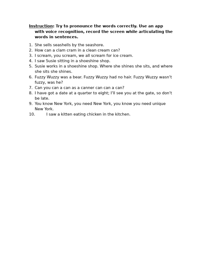Tongue Twisters | PDF