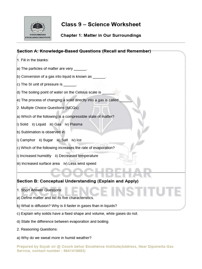 Class 9 Science: Matter Worksheet | PDF | Gases | Liquids
