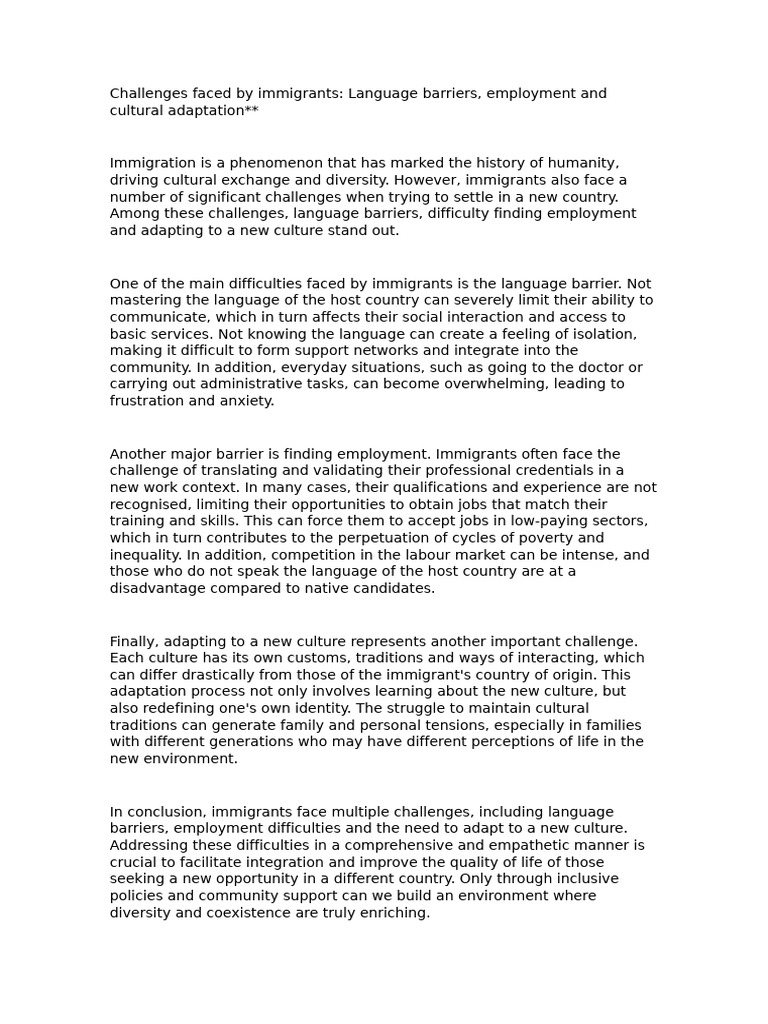 Immigrant Challenges: Language, Jobs, Culture | PDF | Immigration ...