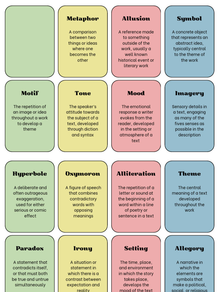 Simple Literary Devices Flashcards in Colorful Muted Style | PDF